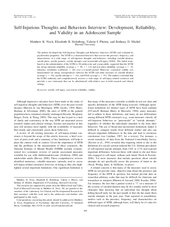 (PDF) Self-Injurious Thoughts and Behaviors Interview: Development ...