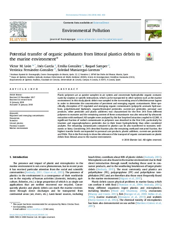 (PDF) Potential transfer of organic pollutants from littoral plastics debris to the marine ...