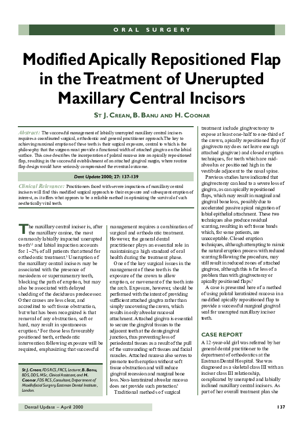(PDF) Modified Apically Repositioned Flap in the Treatment of Unerupted ...