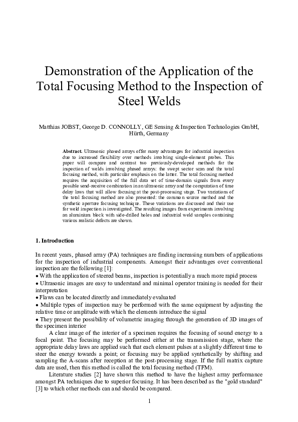 (PDF) Demonstration of the Application of the Total Focusing Method to ...