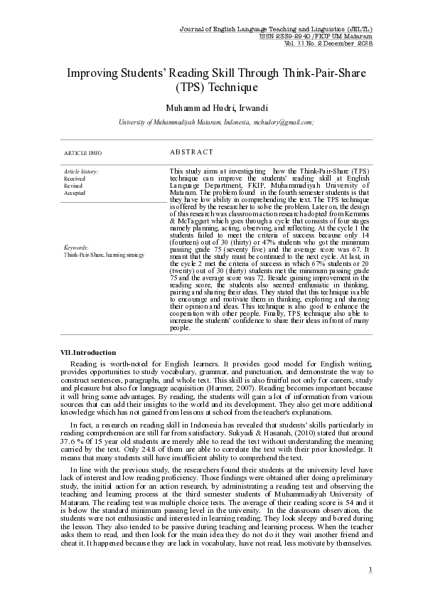 (PDF) Improving Students’ Reading Skill Through Think-Pair-Share (TPS) Technique