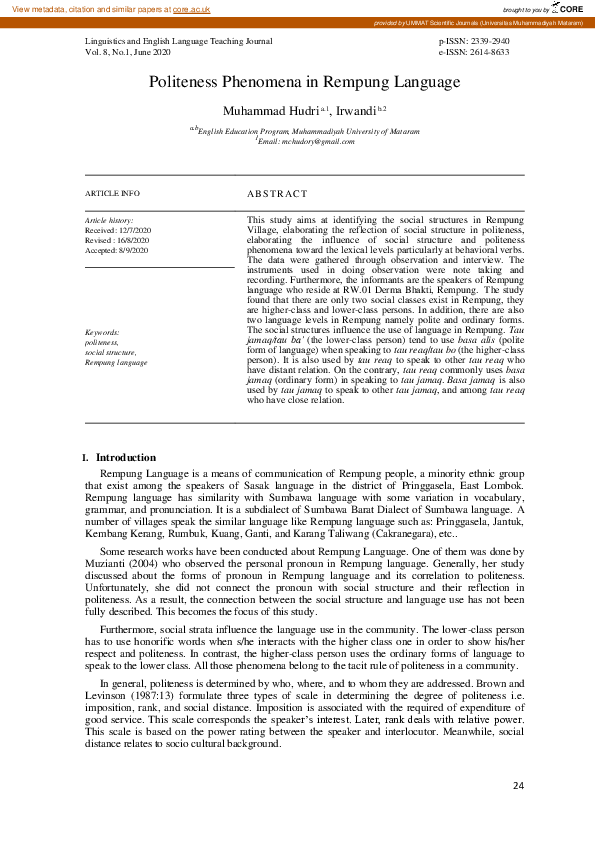 (PDF) Politeness Phenomena in Rempung Language