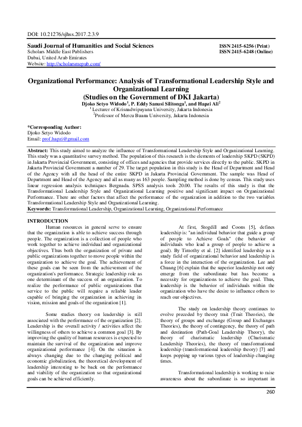 (PDF) Organizational Performance : Analysis of Transformational Leadership Style and ...