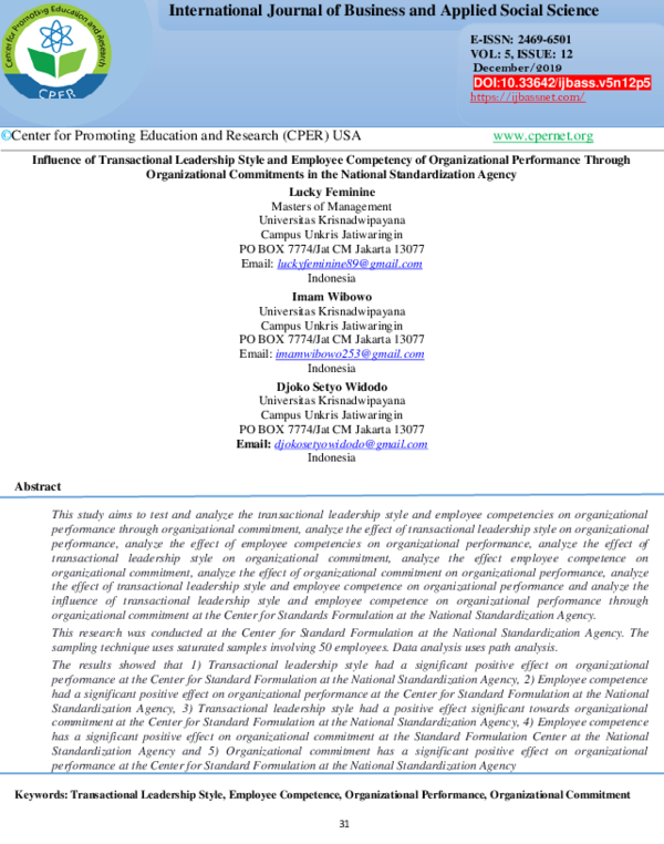 (PDF) Influence of Transactional Leadership Style and Employee ...