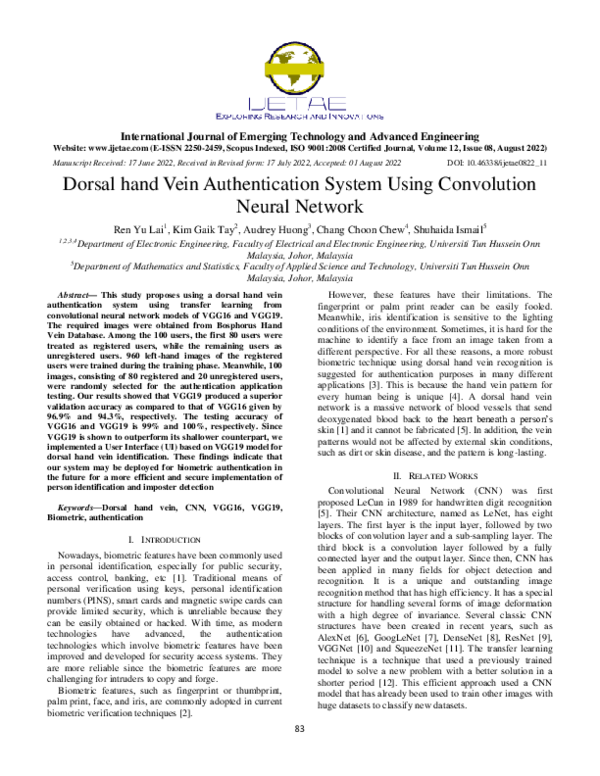 Pdf Dorsal Hand Vein Authentication System Using Convolution Neural Network