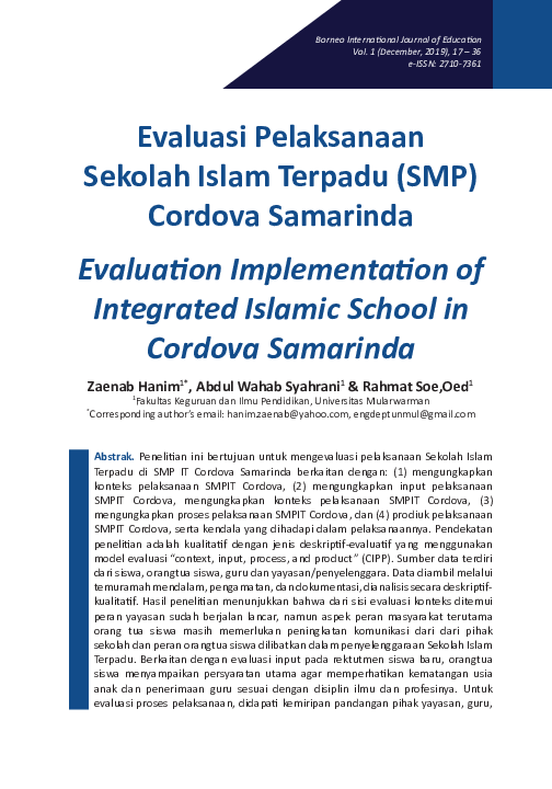 (PDF) Evaluasi Pelaksanaan Sekolah Islam Terpadu (SMP) Cordova Samarinda
