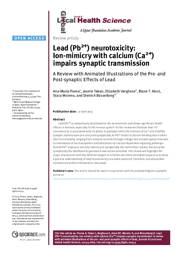 (PDF) Lead (Pb2+) neurotoxicity: Ion-mimicry with calcium (Ca2 ...