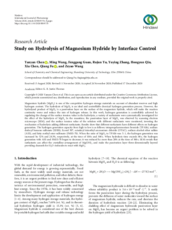 (PDF) Study on Hydrolysis of Magnesium Hydride by Interface Control