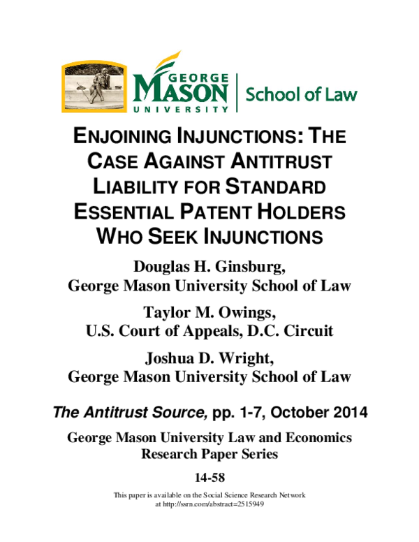 (PDF) Enjoining Injunctions: The Case Against Antitrust Liability for ...