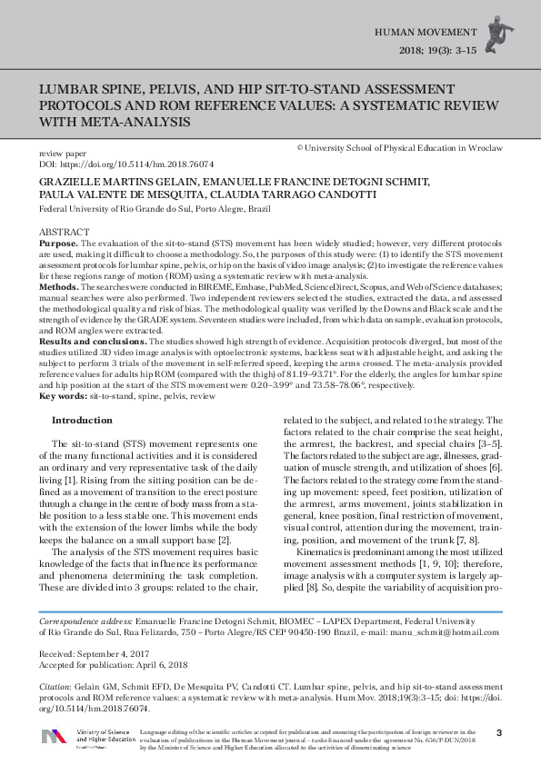 Pdf Lumbar Spine Pelvis And Hip Sit To Stand Assessment Protocols
