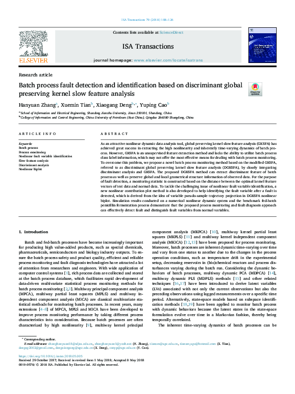 Pdf Batch Process Fault Detection And Identification Based On Discriminant Global Preserving 0871