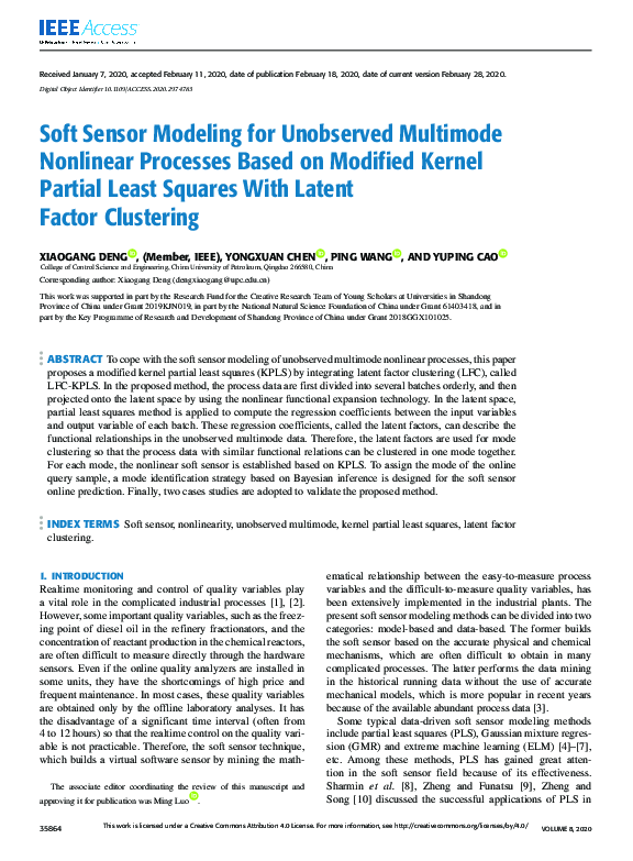 (PDF) Soft Sensor Modeling for Unobserved Multimode Nonlinear Processes Based on Modified Kernel ...
