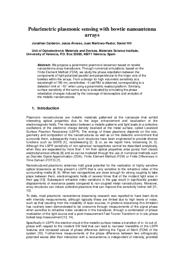 (PDF) Polarimetric Plasmonic Sensing with Bowtie Nanoantenna Arrays