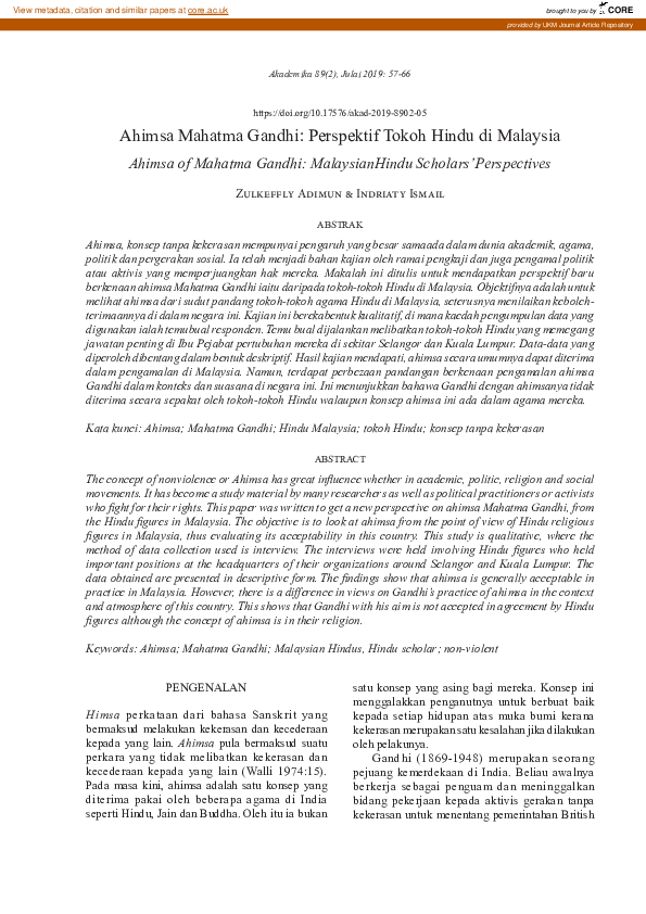 (PDF) Ahimsa Mahatma Gandhi: Perspektif Tokoh Hindu di Malaysia (Ahimsa ...