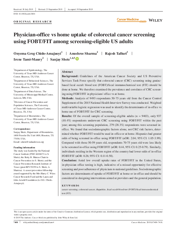 (PDF) Physician‐office vs home uptake of colorectal cancer screening ...