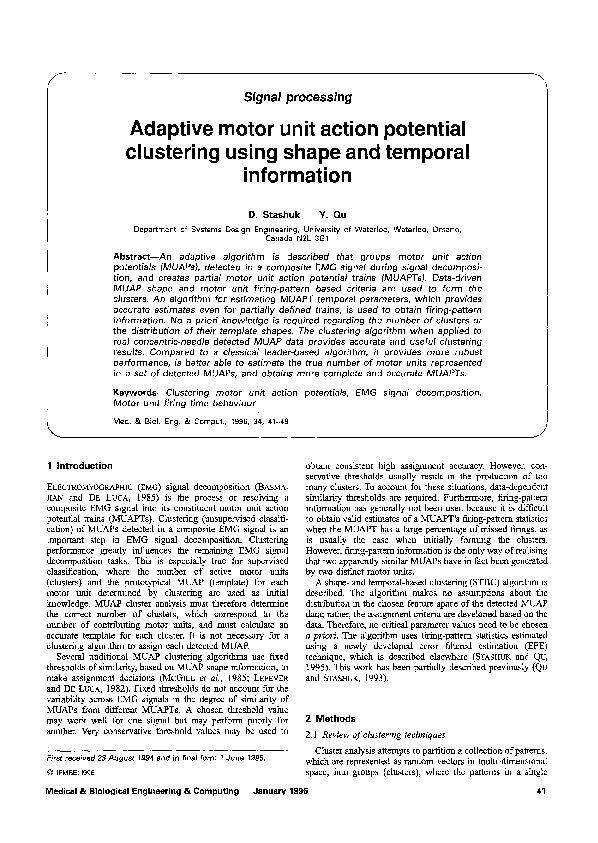 Pdf Adaptive Motor Unit Action Potential Clustering Using Shape And