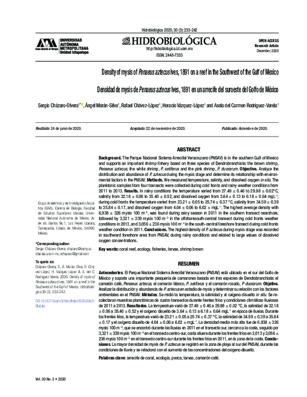 (PDF) Density of mysis of Penaeus aztecus Ives, 1891 on a reef in the ...