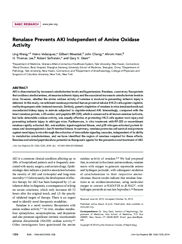 (PDF) Renalase Prevents AKI Independent of Amine Oxidase Activity