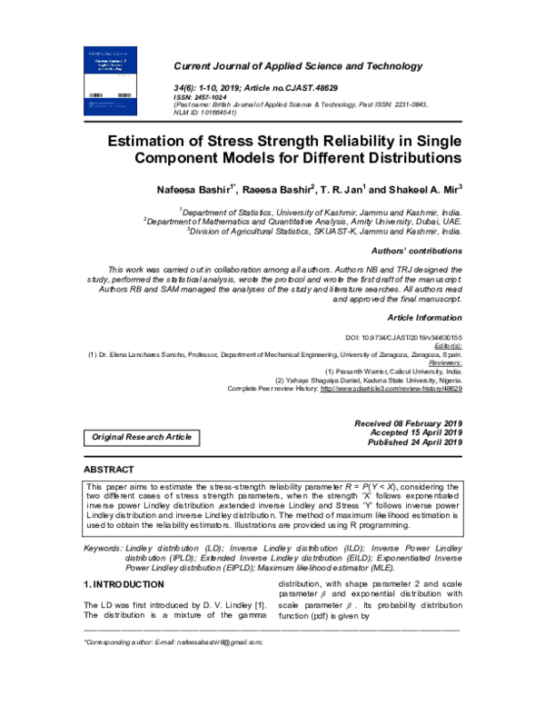 (PDF) Estimation of Stress Strength Reliability in Single Component ...