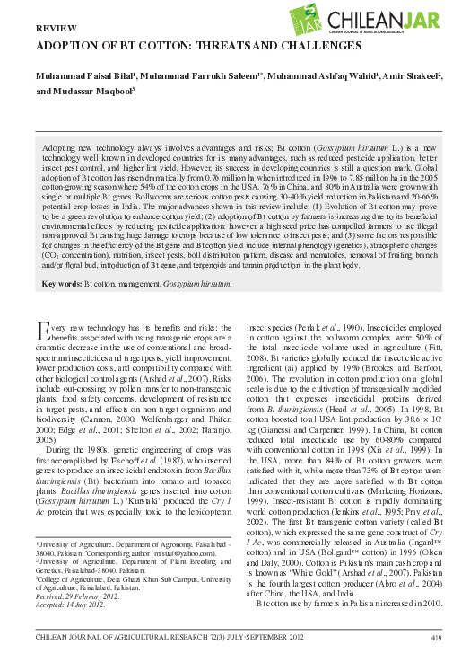 (PDF) E Adoption of BT Cotton: Threats and Challenges