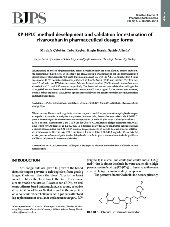 (PDF) RP-HPLC method development and validation for estimation of rivaroxaban in pharmaceutical ...