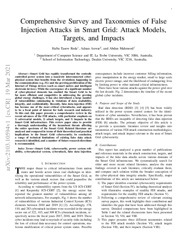 (PDF) Comprehensive Survey and Taxonomies of False Injection Attacks in Smart Grid: Attack ...