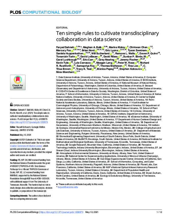 (PDF) Ten simple rules to cultivate transdisciplinary collaboration in data science | Carol ...