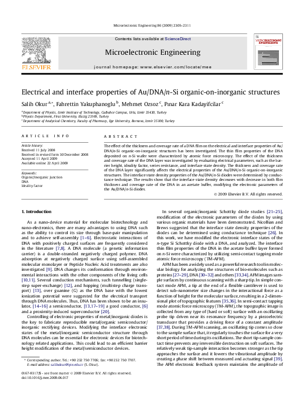 (PDF) Electrical and interface properties of Au/DNA/n-Si organic-on ...