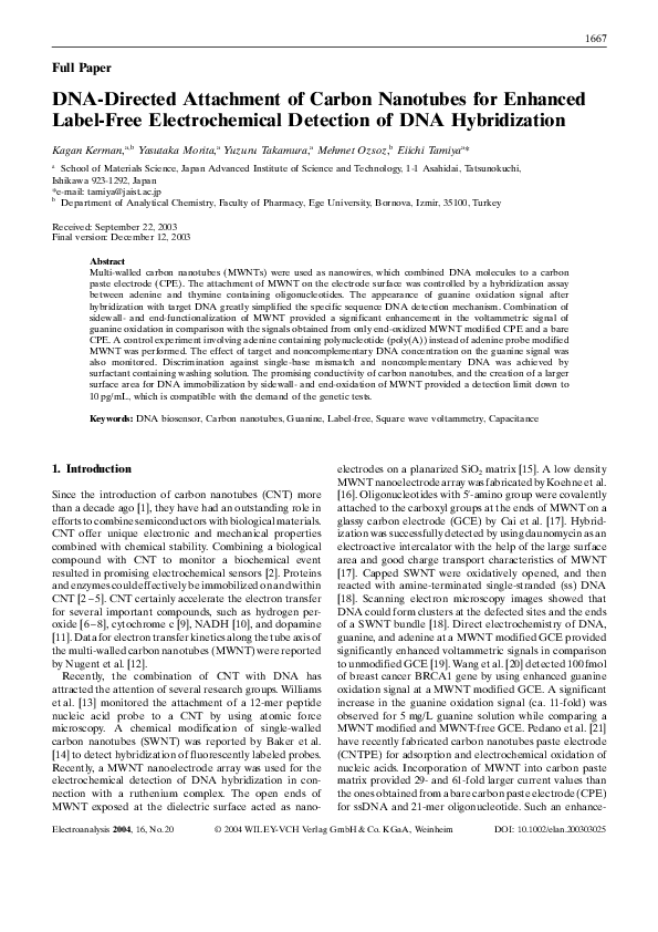 Pdf Dna Directed Attachment Of Carbon Nanotubes For Enhanced Label Free Electrochemical
