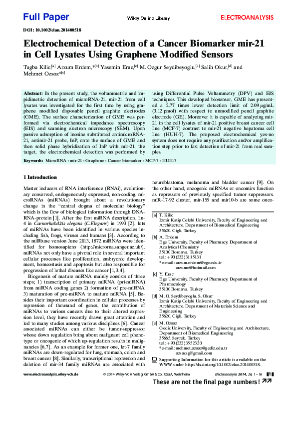 (PDF) Electrochemical Detection of a Cancer Biomarker mir‐21 in Cell ...