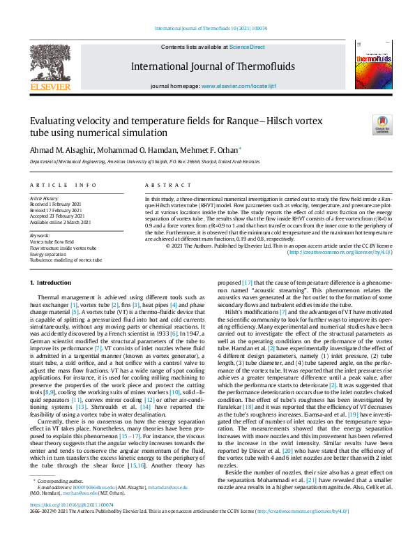 (PDF) Evaluating velocity and temperature fields for Ranque–Hilsch vortex tube using numerical ...