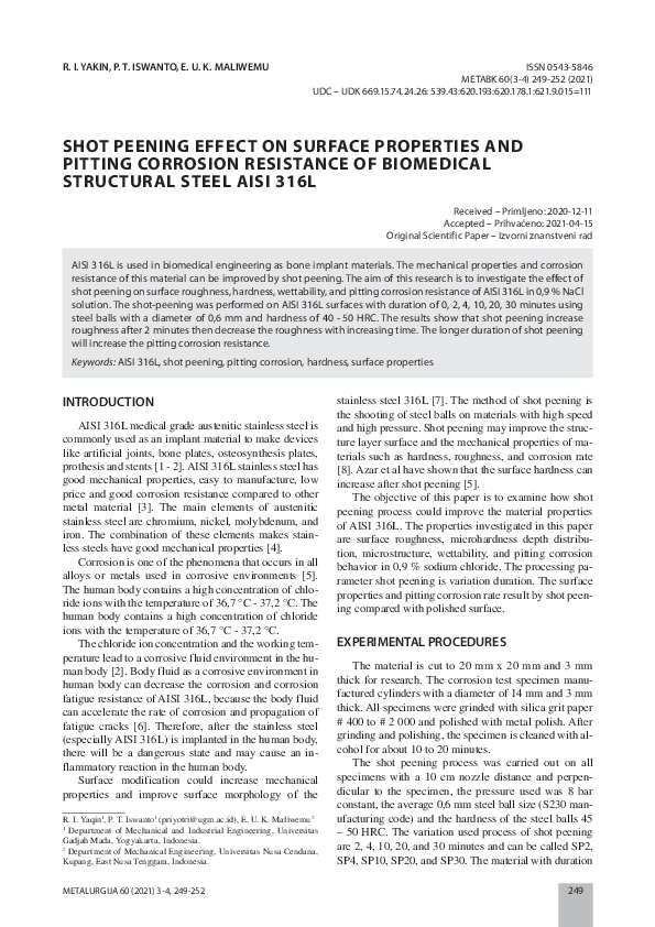 (PDF) Shot Peening Effect on Surface Properties and Pitting Corrosion Resistance of Biomedical ...