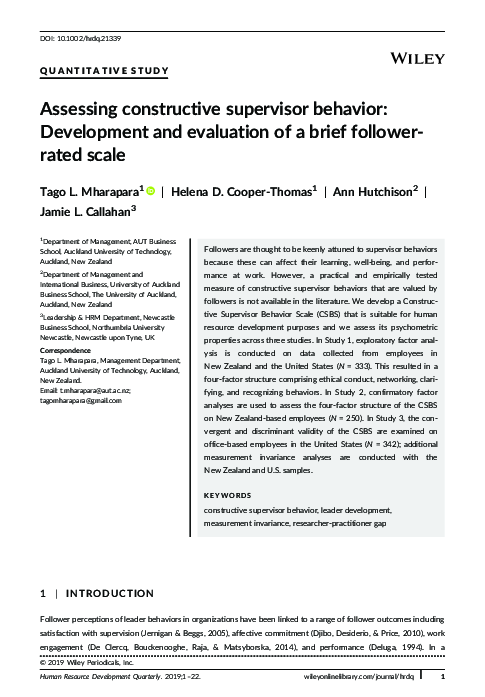 (PDF) Assessing constructive supervisor behavior: Development and evaluation of a brief follower ...