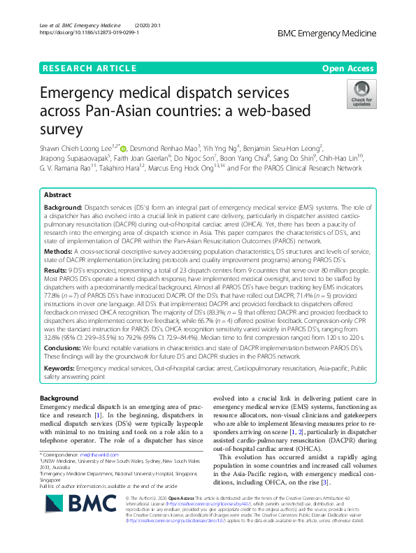(PDF) Emergency medical dispatch services across Pan-Asian countries: a web-based survey