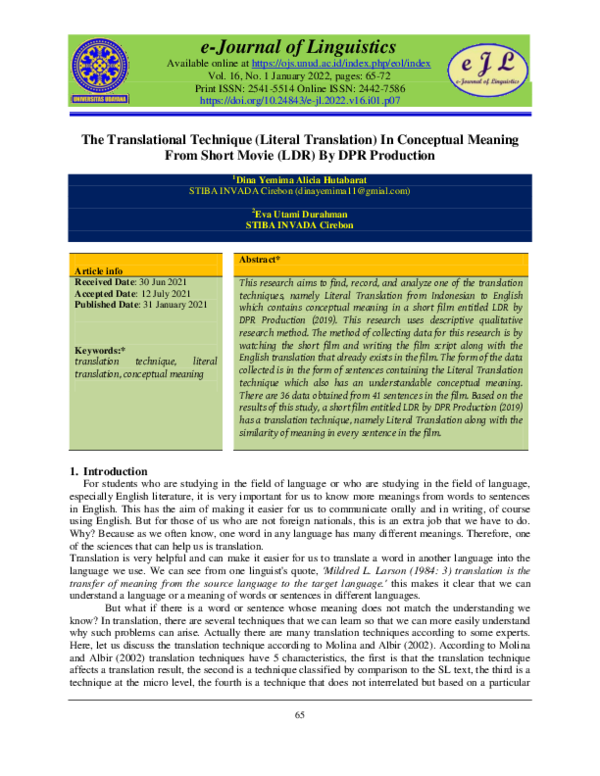 (PDF) The Translational Technique (Literal Translation) In Conceptual ...