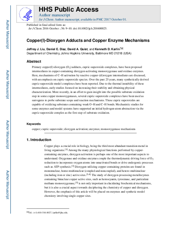 (PDF) Copper(I)-Dioxygen Adducts and Copper Enzyme Mechanisms