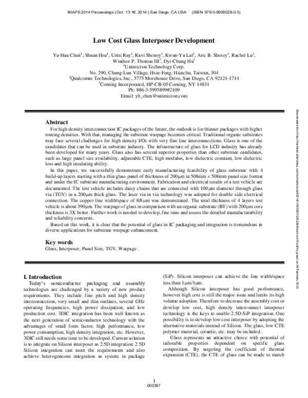 (PDF) Low Cost Glass Interposer Development | Ravi Shenoy - Academia.edu