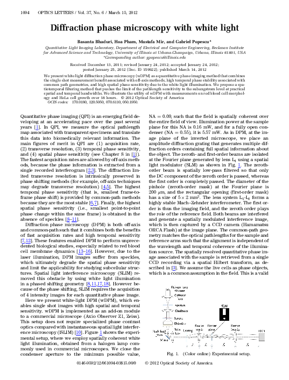 (PDF) Diffraction phase microscopy with white light
