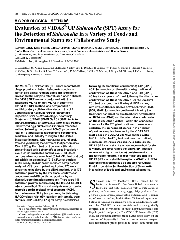 Pdf Evaluation Of Vidas® Up Salmonella Spt Assay For The Detection Of Salmonella In A