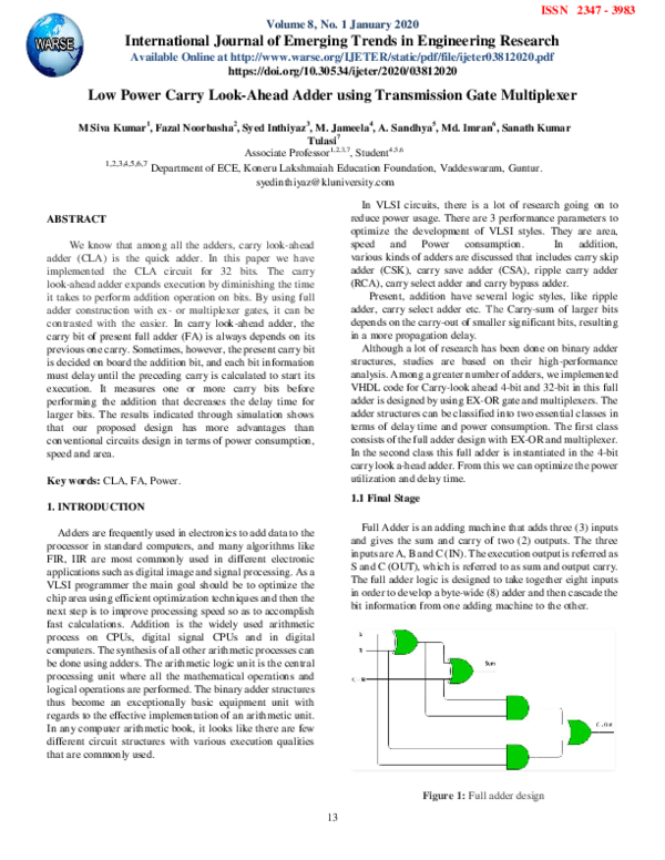 (PDF) Low Power Carry Look-Ahead Adder using Transmission Gate Multiplexer
