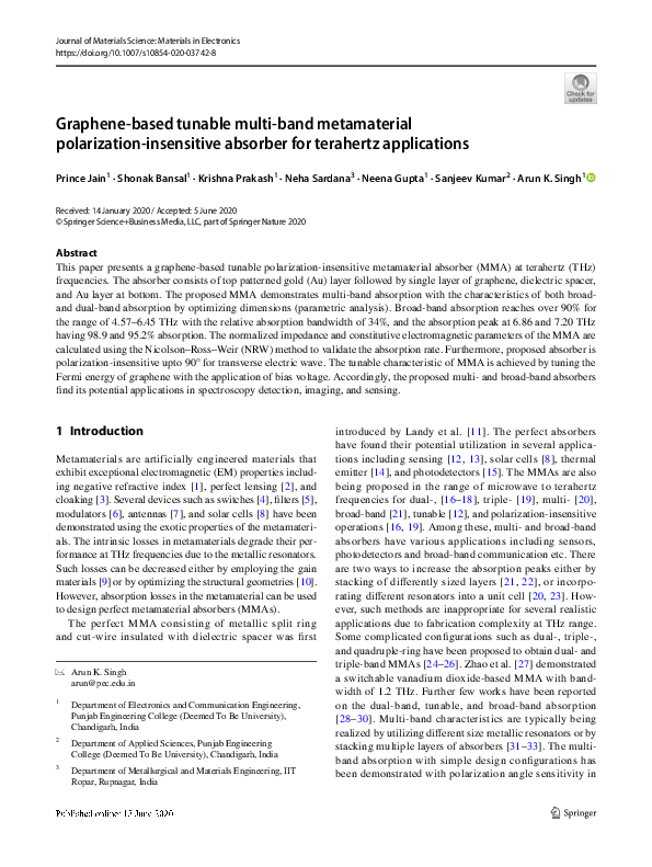 (PDF) Graphene-based tunable multi-band metamaterial polarization-insensitive absorber for ...