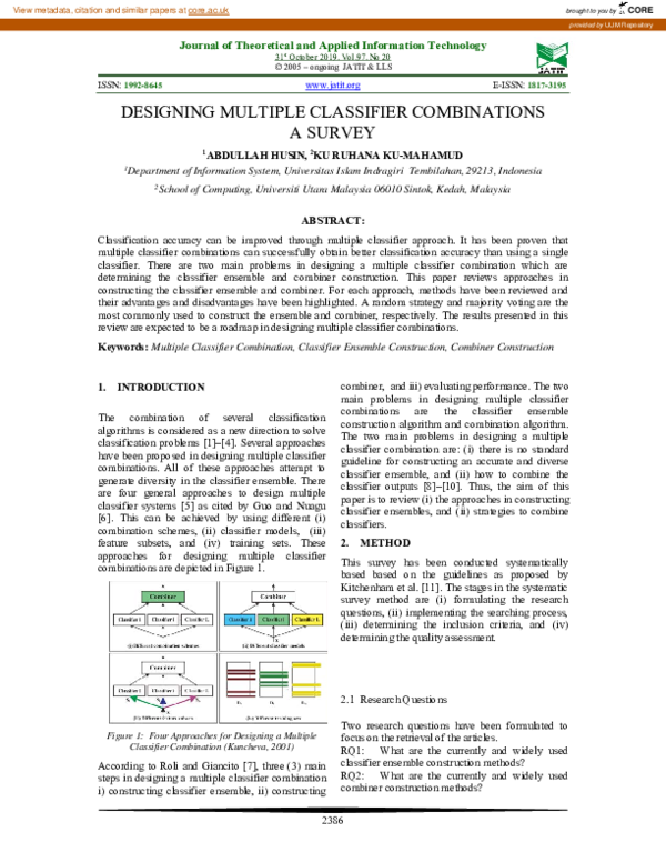 (PDF) Designing multiple classifier combinations a survey