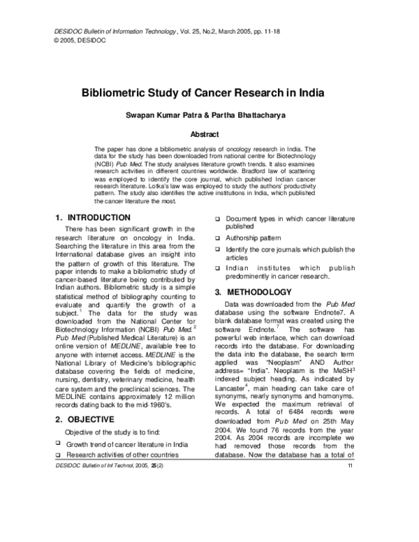 (PDF) Bibliometric Study of Cancer Research in India