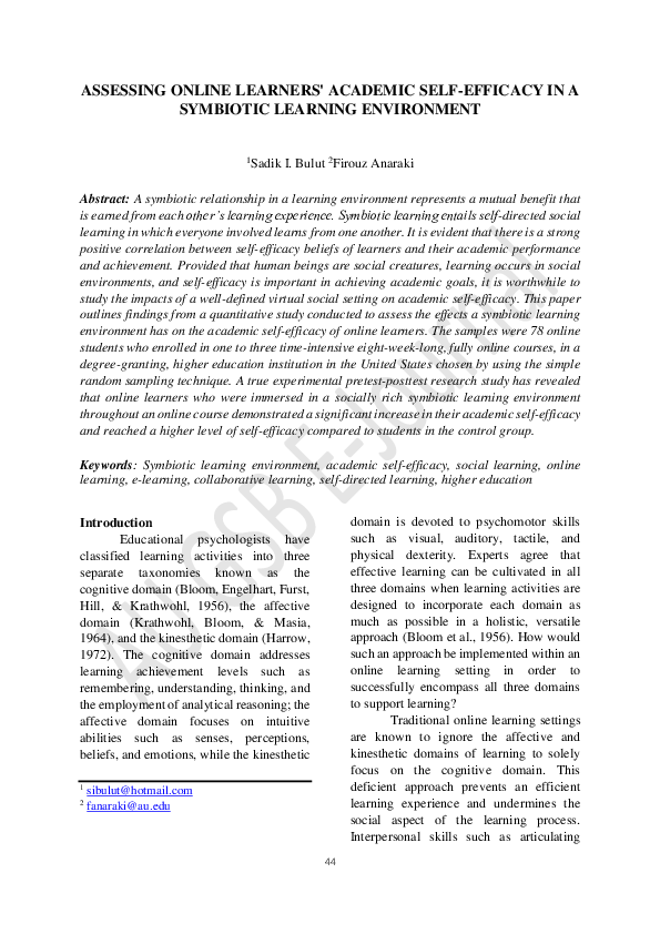 (PDF) Assessing Online Learners' Academic Self-Efficacy in a Symbiotic Learning Environment