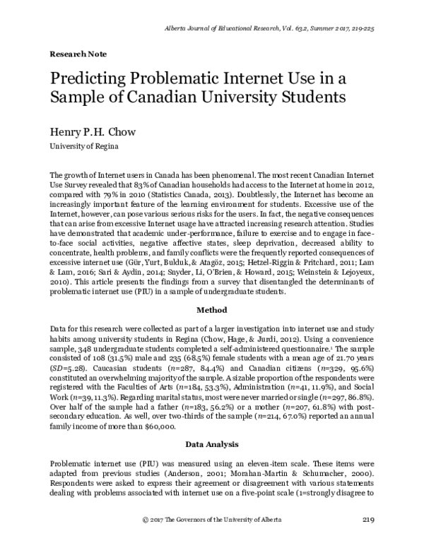 (PDF) Predicting Problematic Internet Use in A Sample of Canadian ...