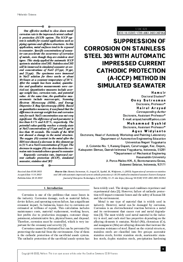 (PDF) Suppression of corrosion on stainless steel 303 with automatic impressed current cathodic ...