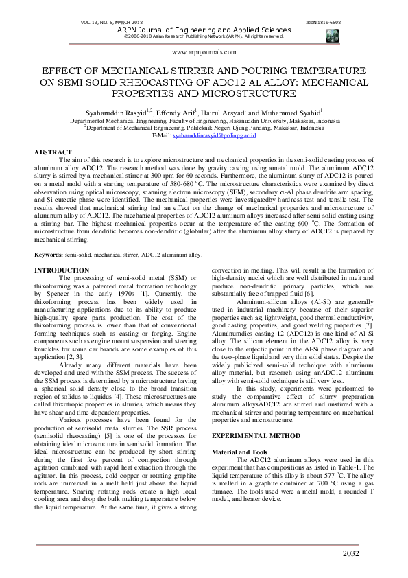 (PDF) Effect of Mechanical Stirrer and Pouring Temperature on Semi Solid Rheocasting of Adc 12 a ...