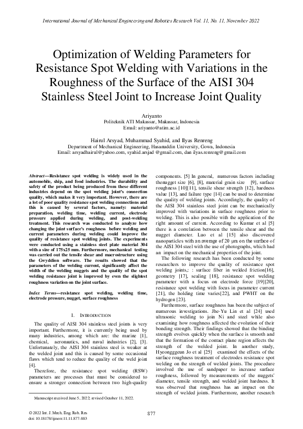 (PDF) Optimization of Welding Parameters for Resistance Spot Welding with Variations in the ...