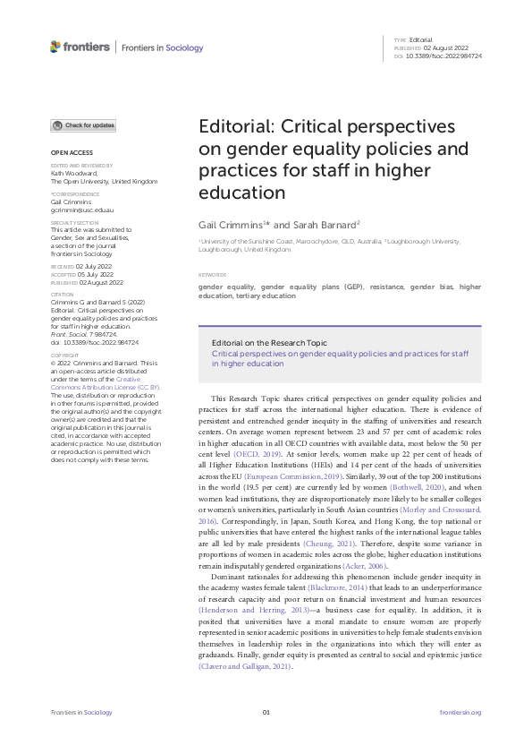 (PDF) Editorial: Critical perspectives on gender equality policies and ...