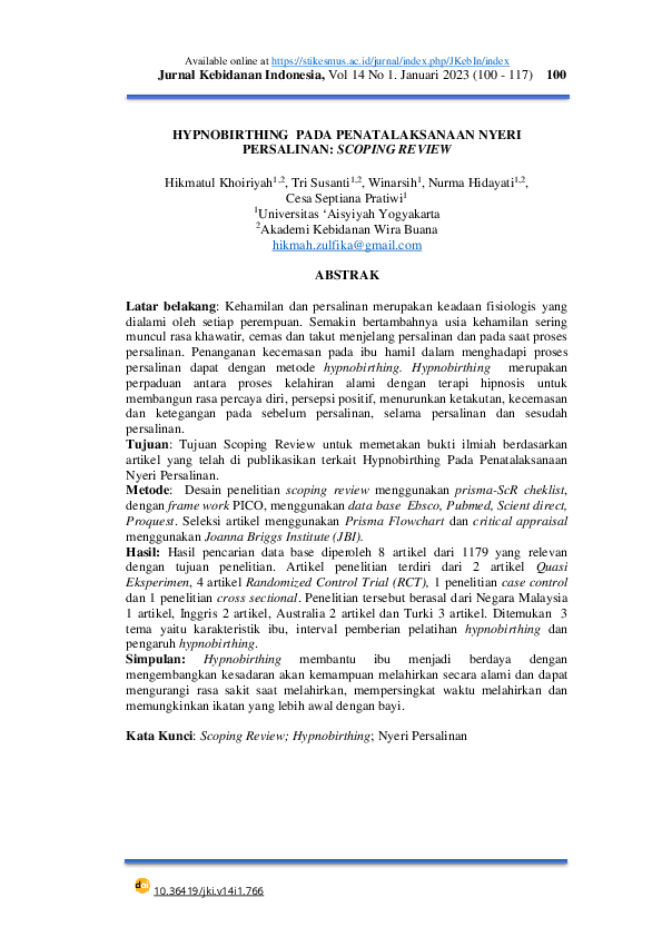 (PDF) Hypnobirthing Pada Penatalaksanaan Nyeri Persalinan: Scoping Review